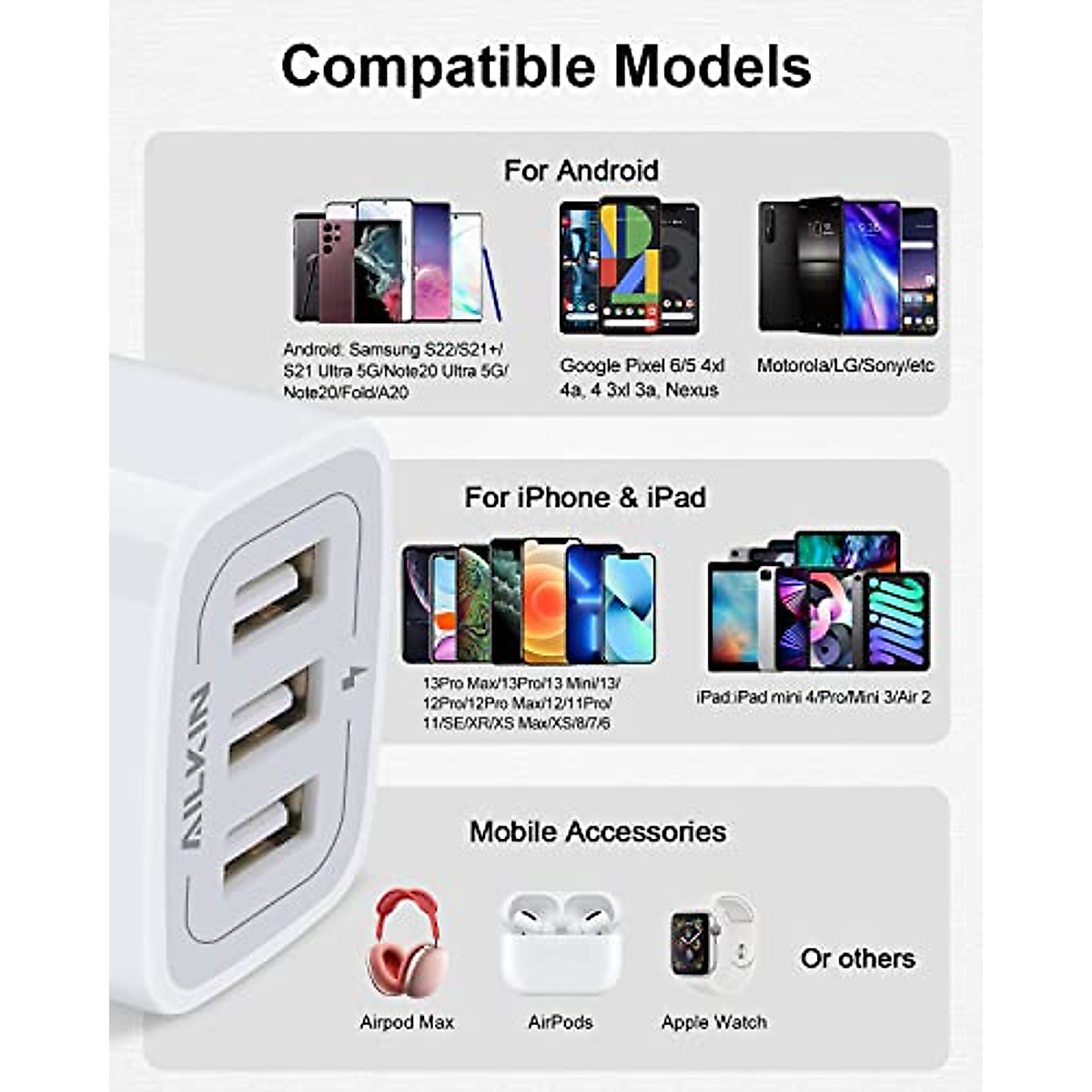 Wall Charger, USB Charger Adapter, 3.1A/3Pack Muti Port Fast Charging Station Power Charge Base Block Plug for iPhone 14 13 12 Pro/SE/11Pro Max/X/8/7 Plus, Samsung S21/S10/S9/S8, Kindle Fire USB Plug