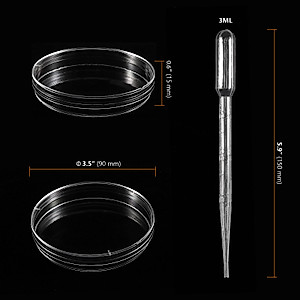 SEUNMUK 80 Pack Dia 90mm x 15mm Plastic Petri Dishes with Lid, Sterile Petri Dishes, Lab Petri Dishes with 200 PCS 3ml Transfer Pipettes for School and Laboratories
