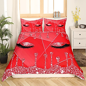 Feelyou Eyelash Duvet Cover Eyes Pattern Design Comforter Cover Glitter Print (No Glitter) Red Bedding Set for Adults Modern Simple Lovely Bedspread Cover Ultra Soft Quilt Cover 3Pcs Queen Size