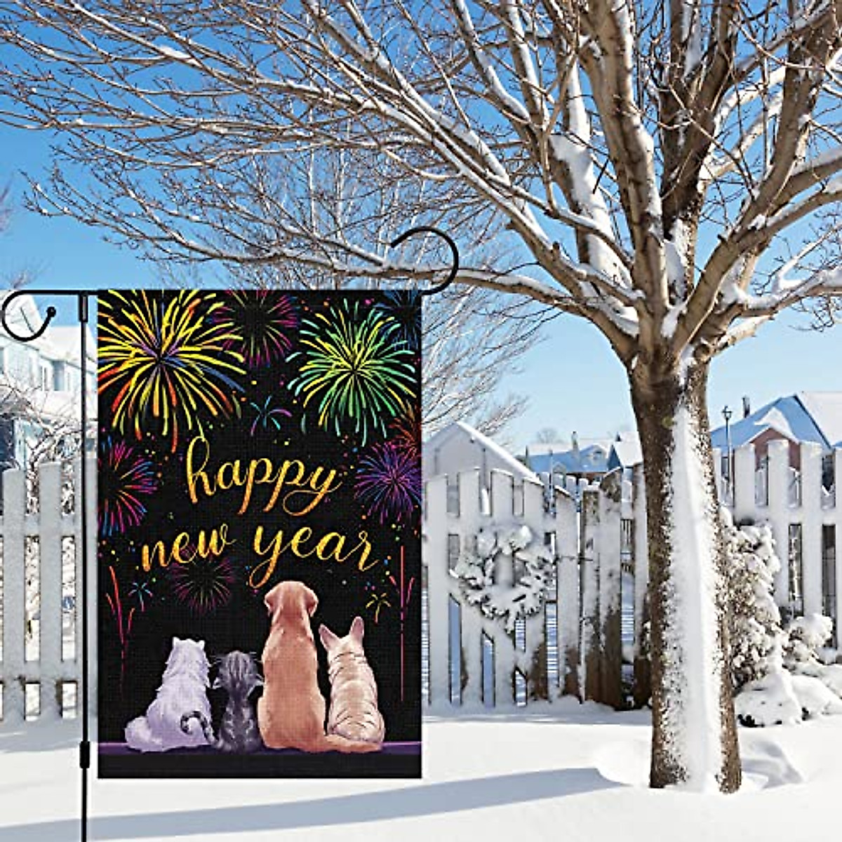 Happy New Year Garden Flag 12x18 Double Sided Vertical, Burlap Small Fireworks Cat Dog New Year Eve Yard Flag Sign Welcome Holiday Winter House Outdoor Outside Decorations (ONLY FLAG)