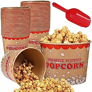 Pinkunn 50 Pack 85 oz Disposable Popcorn Buckets with Scoop Large Greaseproof Popcorn Boxes Paper Popcorn Container Vintage Popcorn Cups Disposable Popcorn Tub for Home and Theater Movie Night