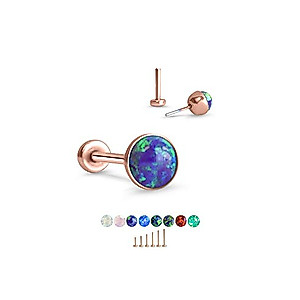 316 Stainless Steel Rose Gold-Tone Threadless Push Pin Nose Ring Labret Monroe Stud 4mm Glued Pink Faux Opal 16G