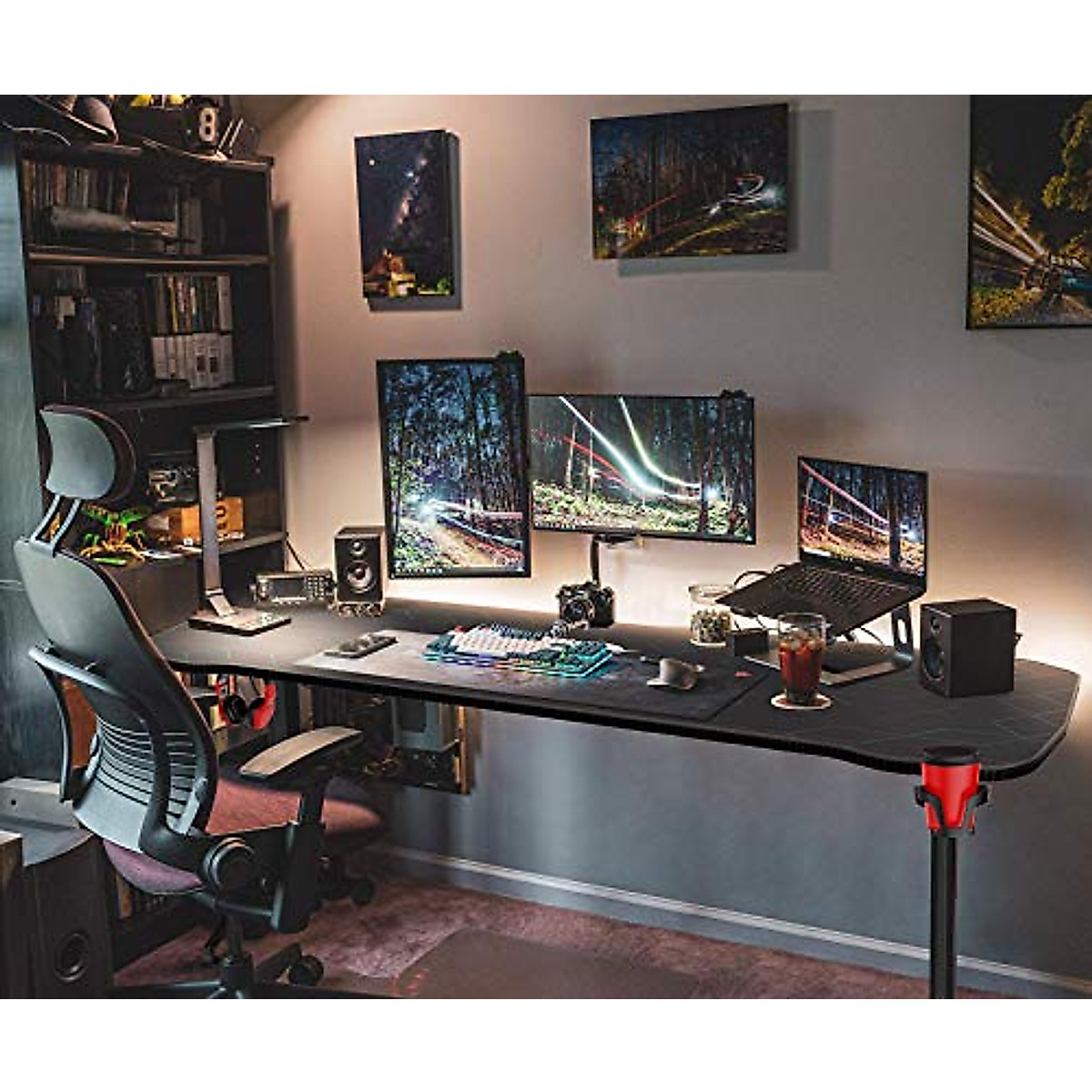 Homall 60 Inch Computer Gamer Desk with Full Desk Mouse Pad, Carbon Fiber Surface PC Table Adjustable Height, Gaming Rack, Headphone Hook and Cup Holder(Black)