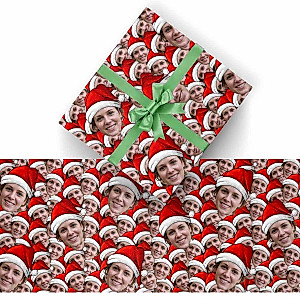 InterestPrint Personalized Photo Wrapping Paper Merry Christmas with Christmas hat Happy Birthdays, Custom Name Gift Wrap Roll 58inx 23in