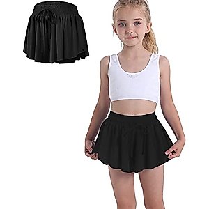 Flowy Shorts for Teen Girls with Spandex Liner 2-in-1 Youth Butterfly Skirts Tennis Running Fitness Sports Dance Skort Black 7-8Years