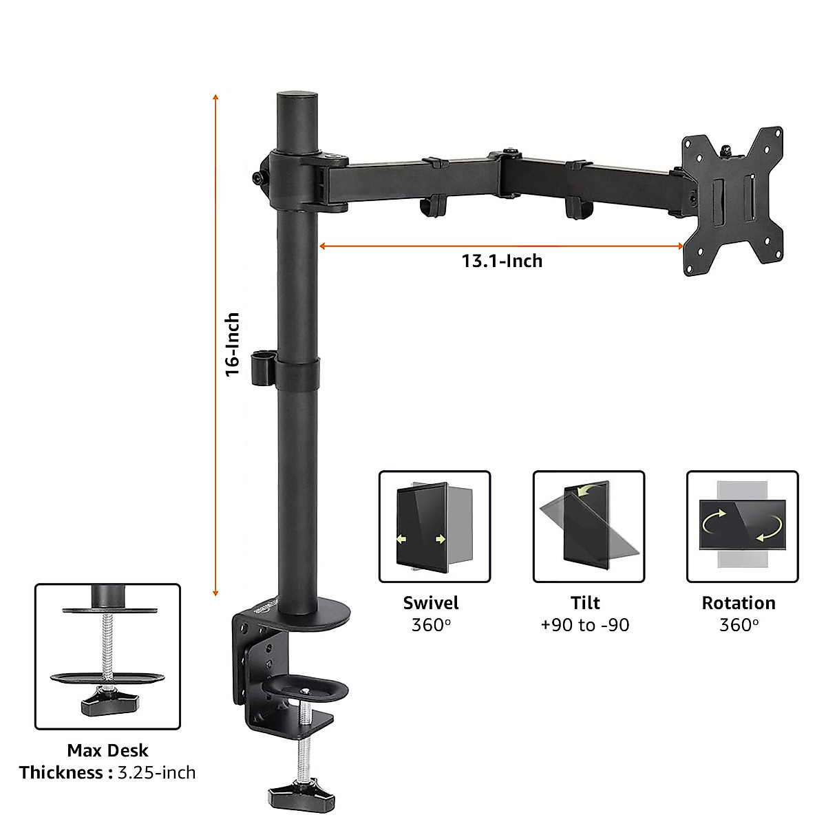 Amazon Basics Single Computer Monitor Stand with Tilt and Rotation, Height Adjustable VESA Desk Arm Mount, Steel, 30 inches, Black
