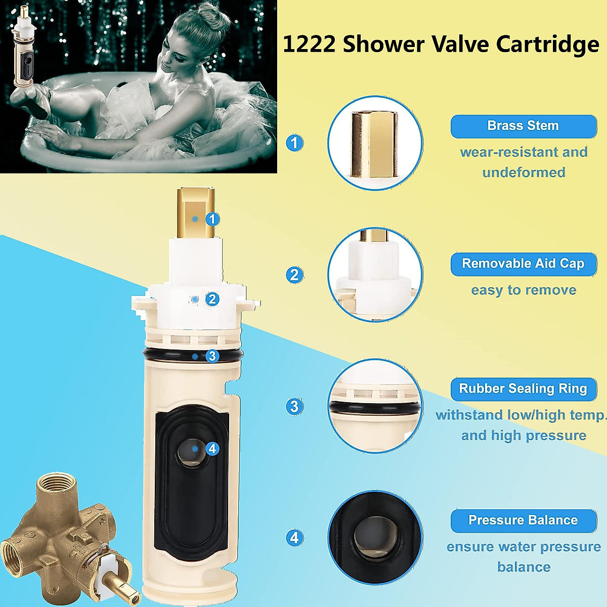QLXAQLX 1 Pack 1222 Replacement Cartridge Compatible with moen 1222 Shower Valve Cartridge, 1222 Replacement Cartridge Compatible with moen Posi-Temp Faucets And Tub Shower(Only 1PS)