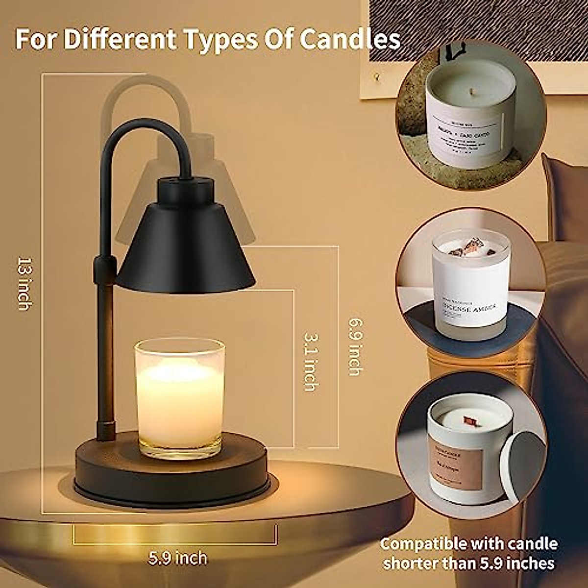 ORDROLL Dimmable Candle Warmer Lamp - Candle Wax Warmer Lamp with 2 Bulbs,Height Adjustable Candle Melting Light for Bedroom and Living Room Decor,Candle Lamps for Small Large Size Jar Candles,Black