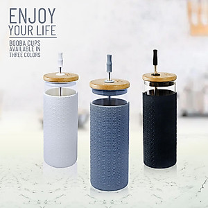 ZKA Global 24 Oz Reusable Boba Cup with Bambo Lid, 2 Straw With Silicon Tip and Cleaning Brush, Glass tumbler with Silicon Protective Sleeve, Glass Smoothie Boba Tumbler Gift Set (Grey)