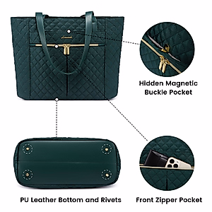 LOVEVOOK Women's 15.6 inch Diamond Quilted Work Tote Bags, Stylish Travel Tote Bag Laptop Purse Briefcase Handbag with Clutch Purse, Dark Green