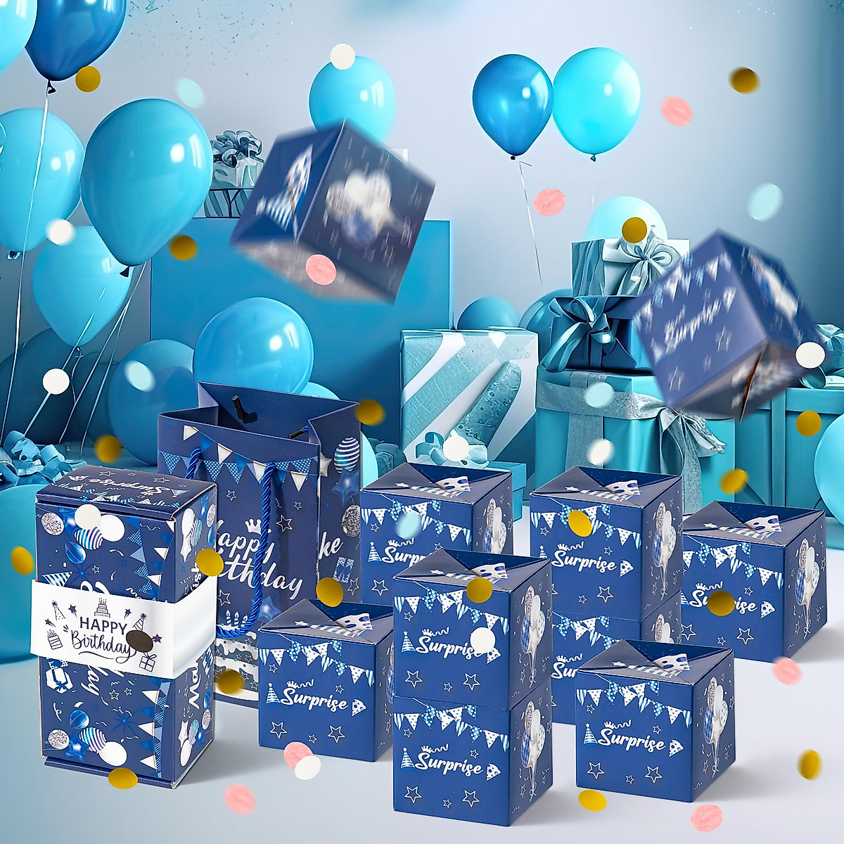 WATINC Surprise Gift Box Explosion - 16pcs Birthday Surprising Gift Boxes Exploding for Money, 12 Bounces Money Boxes Explosion with Confetti, Blue Pop Out Cash Holder for Bday Party Supplies