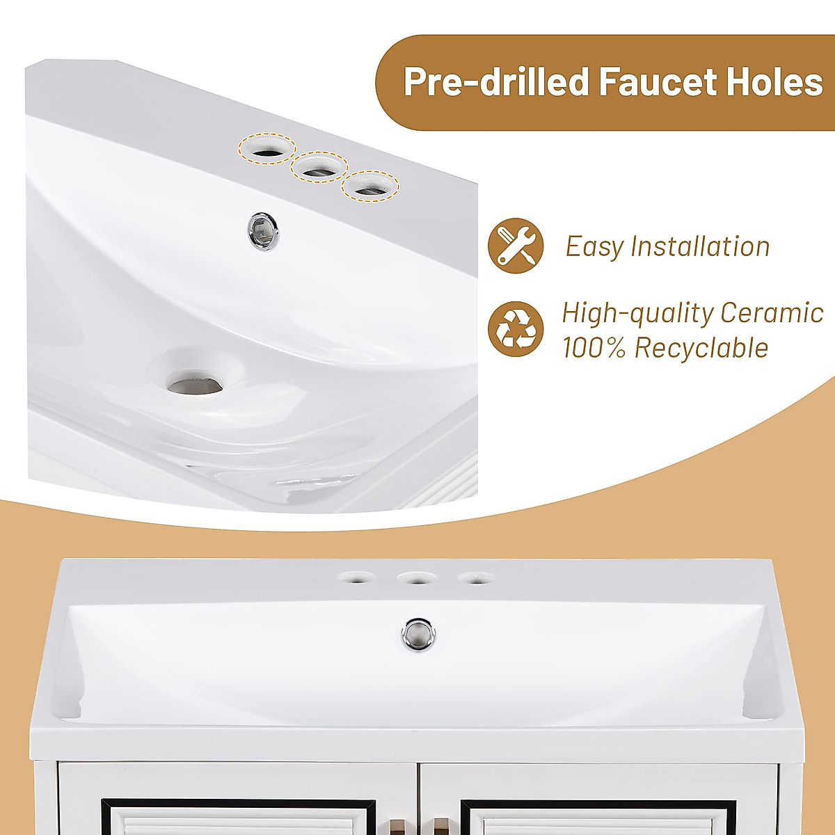 Polibi 24" Wall Mounted Bathroom Vanity with Ceramic Basin, Two Shutter Doors, Solid Wood & MDF Board, Modern Hanging Bath Cabinet