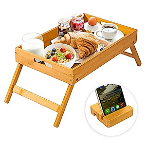 Bellsal Small Bed Tray Table with Folding Legs for Eating Serving Tray with Handles Food Tray Tables Comes with Phone Holder Portable Snack Platter for Bedroom Hospital Picnic