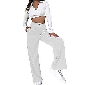 March Big Sale Women Corduroy Flare Pants Casual Corduroy Pants with Pocket Solid Corduroy Pants High Waist Bell Bottom Pants Fashion White