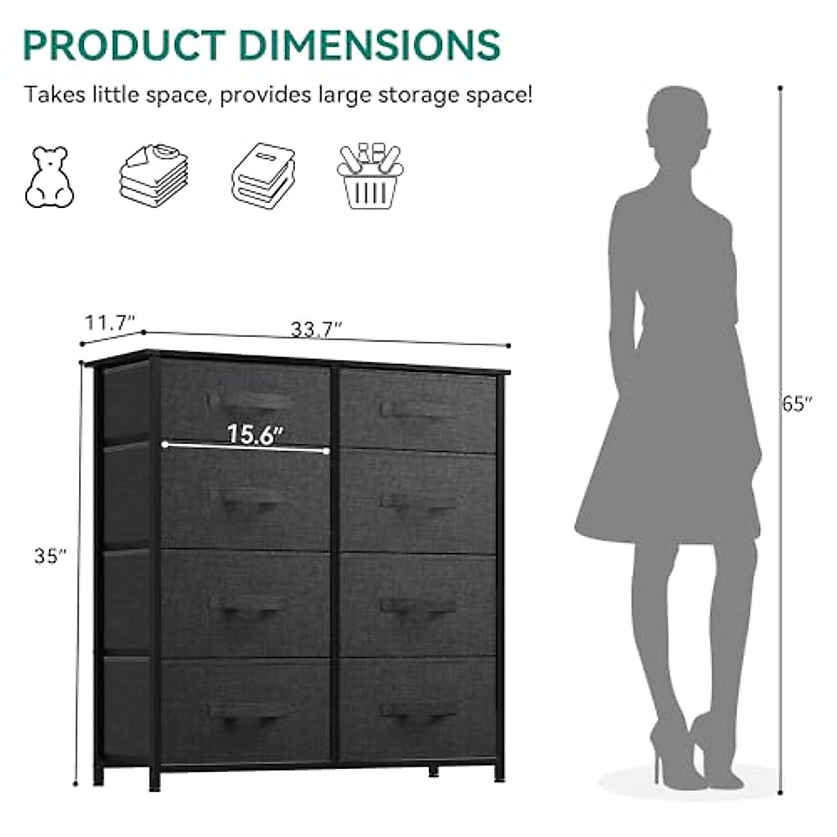 YITAHOME Storage Tower Unit with 8 Drawers - Fabric Dresser with Large Capacity, Organizer Unit for Bedroom, Living Room & Closets - Sturdy Steel Frame, Wooden Top & Easy Pull Fabric Bins (Graphite)
