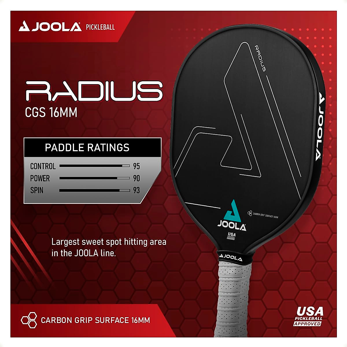 JOOLA Radius Pro Pickleball Paddle with Textured Carbon Grip Surface - Creates More Spin and Maximum Control - Largest Sweetspot - 16mm Pickleball Racket with Response Polypropylene Honeycomb Core