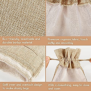 Burlap Drawstring Bags 5x7 Inch with Sheer Window Organza, Candy Jewelry Gift Pouches for Party Favors, DIY Craft, Birthday and Wedding (12 Pack)