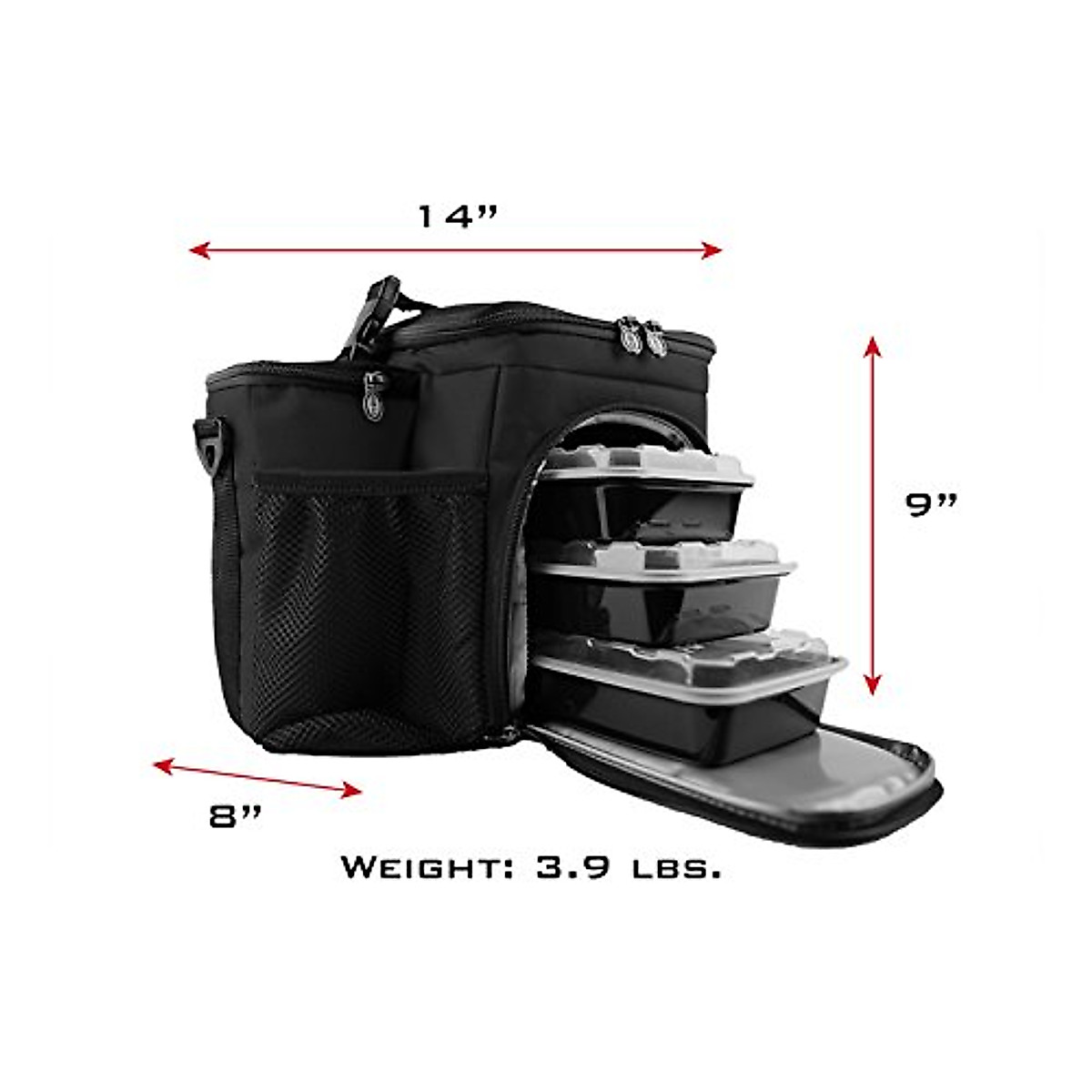 Meal Prep Bag ISOBAG 3 Meal Insulated Lunch Bag Cooler with 6 Stackable Meal Prep Containers, 2 Ice Pack ISOBRICKS, and Shoulder Strap - MADE IN USA (Blackout)