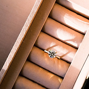 espere 3 Carat Round Moissanite Engagement Ring in 14K Yellow Gold Pavé Band | Round Brilliant Classic Paved Engagement Ring Size 6