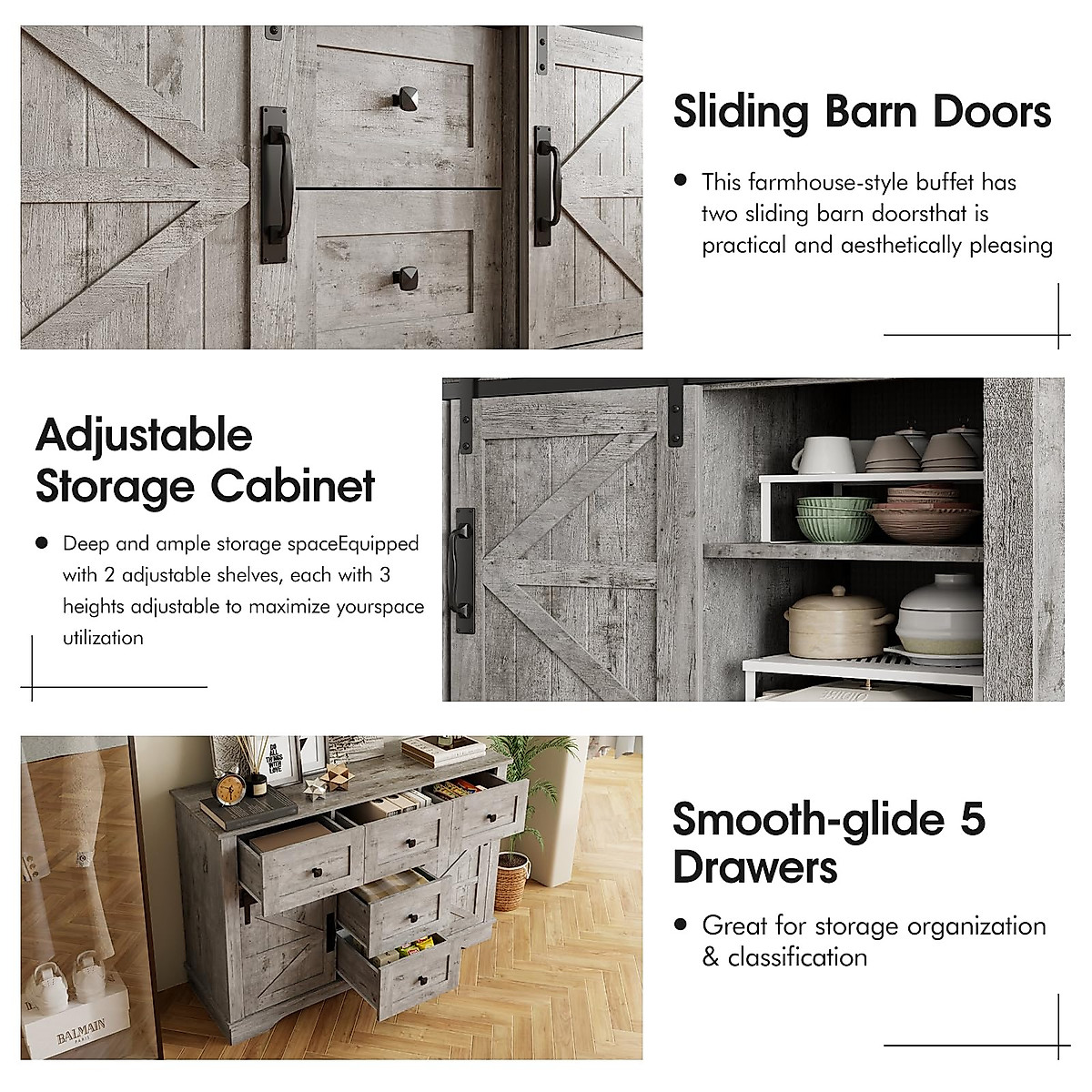 Vabches Farmhouse Sideboard Buffet Cabinet with Storage, Large Kitchen Sideboard Cabinet, Sliding Barn Doors and 5 Drawers, Adjustable Shelves, Coffee Bar Table for Dining Room, Light Rustic Oak