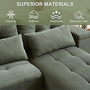 BUIORD 93.5" Convertible Oversize Corduroy 3 in 1 Sleeper & Sectional Sofa,L-Shaped Sofa with 4 Storage Space for Living Room,Pull-Out Sofa Bed with 4 Pillows (Green)