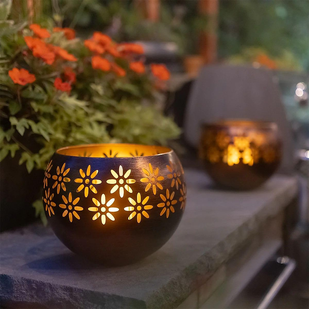 Solar Fire Bowl 8” 2-Pack Decorative Metal Solar Patio Light with Flickering Flame, Waterproof Dusk-to-Dawn Garden Lantern, Bronze/Copper