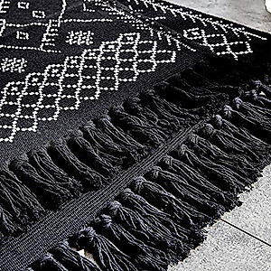 Cedilis 2 Pack Boho Bath Mat, Cotton Woven Throw Rug with Small Tassel, Geometric Patterned Kitchen Bathroom Rug, Washable Hallway Floor Carpet, Black & White, 2 ft x 3 ft & 2 ft x 4.3 ft