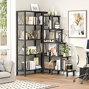PONROL Corner Bookshelf Bookcase, Large Reversible 5 Tier Ladder Shelves Storage Display Rack with Metal Frame, Industrial Home Office Furniture for Living Room Bedroom, Black