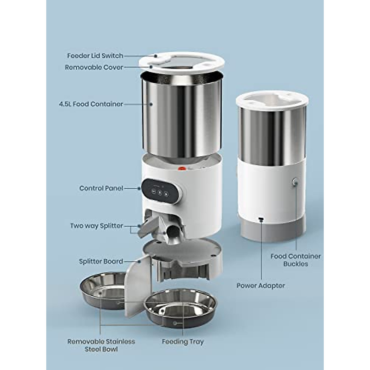 Automatic Cat Feeder, WHDPETS WiFi Cat Food Dispenser for 2 Cats & Dogs, 304 Stainless Steel Pet Feeder with Feeding Mat, 2-Way Splitter, APP Control, 10s Voice Recorder, Dual Power Supply