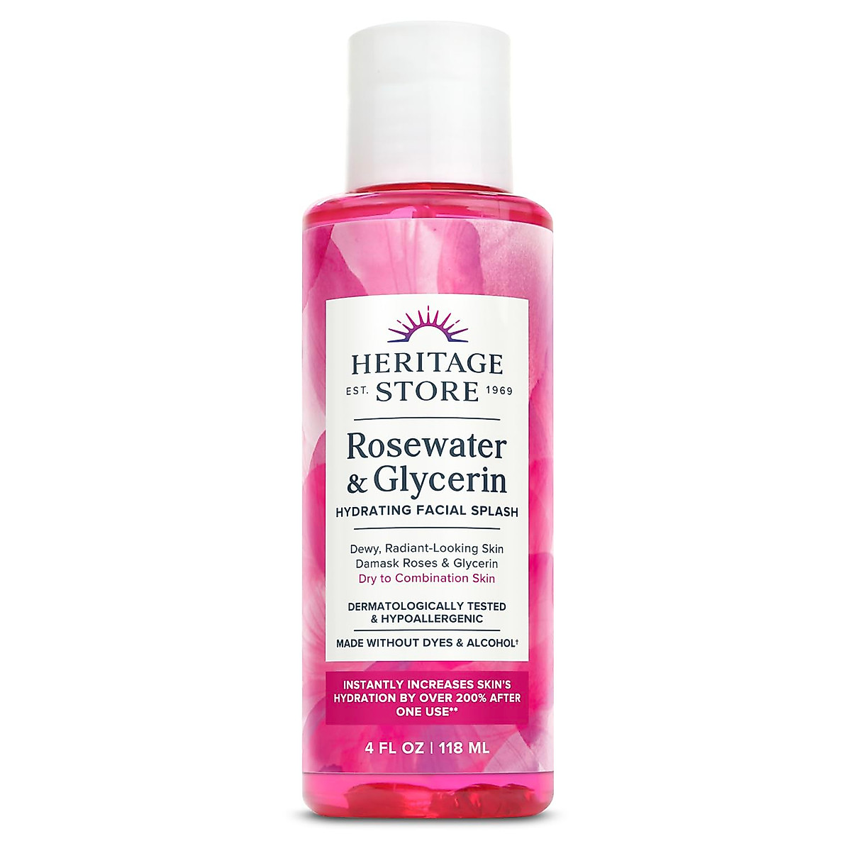 HERITAGE STORE Rosewater & Glycerin Hydrating Facial Splash - Dry Combination Skin Care - Rose Water with Vegetable Glycerine - Made w/out Dyes or Alcohol, Hypoallergenic, Vegan, 60-Day Guarantee, 4oz