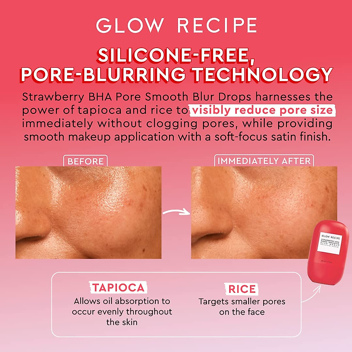 Glow Recipe Strawberry BHA Pore-Smooth Blur Drops - Silicone-Free, Oil-Free - BHA Primer Face Makeup Pore Minimizer - Antioxidant Face Serum for Women - Pore Reducer for Hydrating, Glowing Skin (30ml)