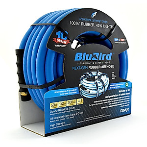BLUBIRD BB1250 1/2" x 50' Rubber Air Hose, 100% Rubber, Lightest, Strongest, Most Flexible, 300 PSI, 50F to 190F Degrees, Ozone Resistant, High Strength Polyester Braided
