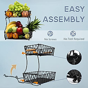 2 Tier Fruit Basket for Kitchen, Tiered Fruit Basket Kitchen Countertop Organizer, Bread Vegetable Storage Wire Metal Bowl with Banana Hanger Holder Stand, Detachable Counter Decor Black Farmhouse