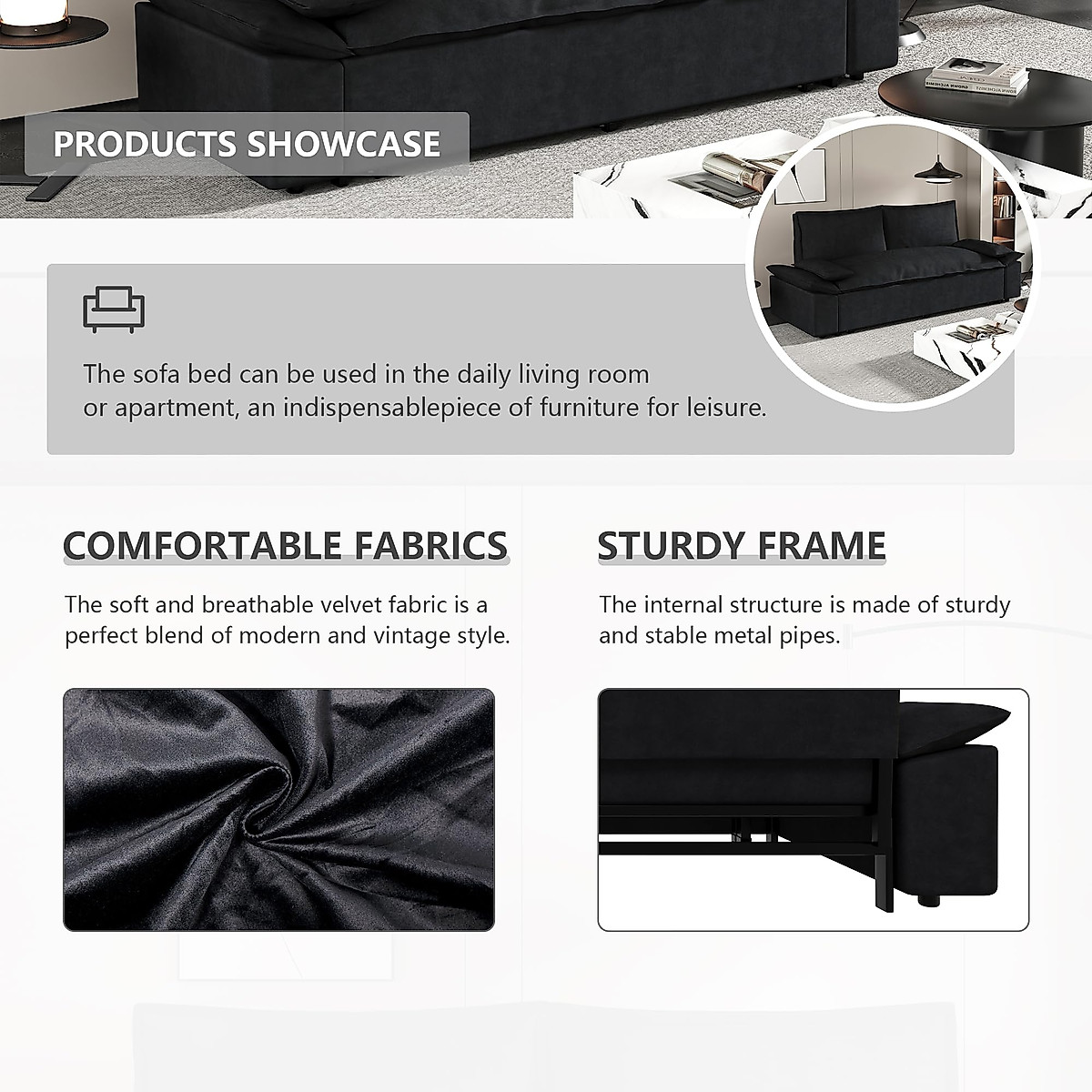 VEPXXP 70.1" Convertible Sleeper Sofa with Pull Out Bed, Futon Sofa Bed Queen Size, Black Loveseat Sofa for Living Room, Small Space Sofa Cama for Apartment