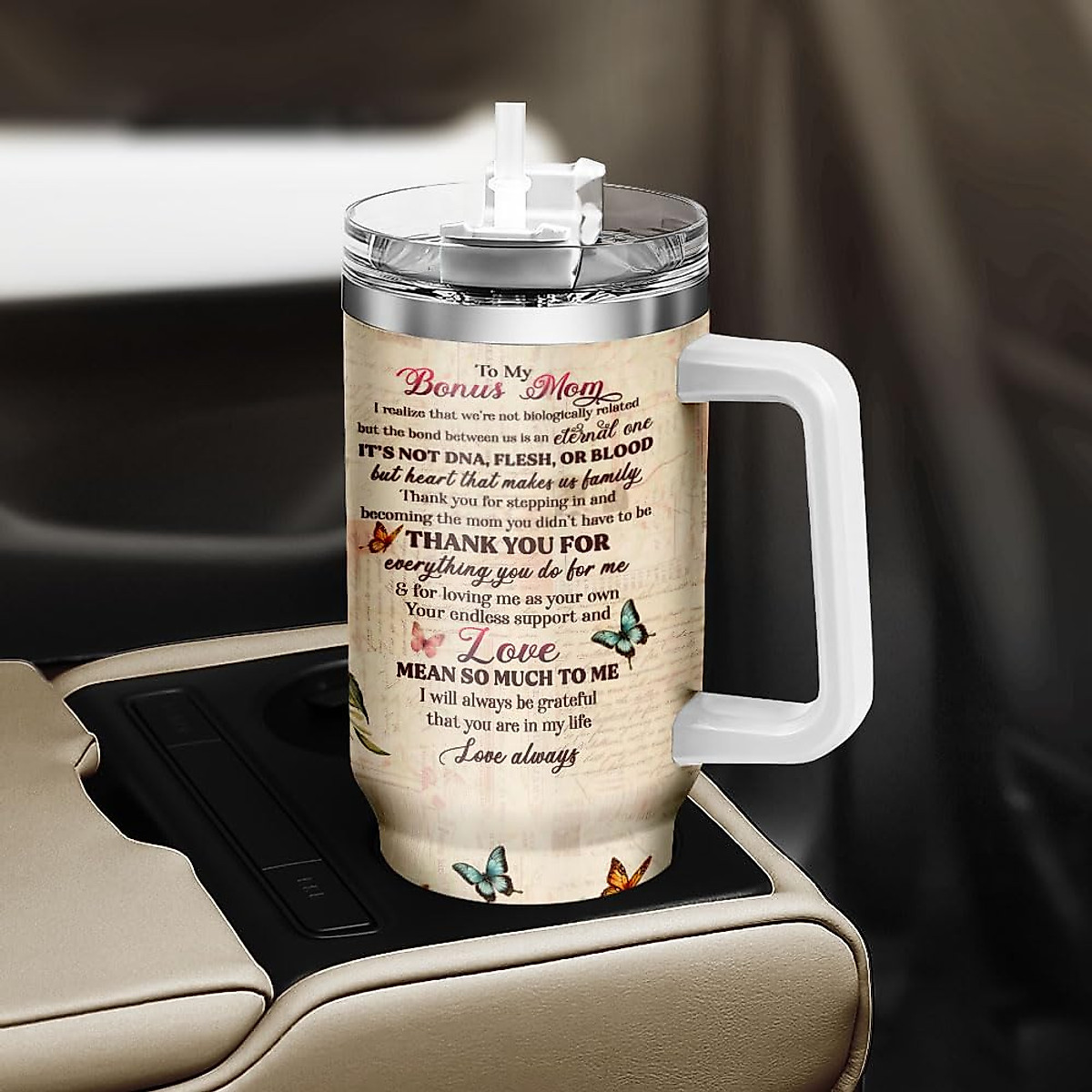 99WHALE Tumbler 40 Oz With Handle Lid And Straw, Bonus Mom Gifts, Bonus Mom Girl Mental Flowers, Simple Coffee Eleven Floral Modern Straws Royal Mother Be Best Purple To Butterfly