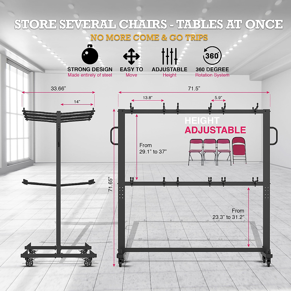 Folding Chair Rack - Folding Chair Cart | Folding Chair Storage Rack on Wheels - Foldable Chair Holder and Table - Heavy Duty Chair Dolly | Mobile Trolley with 84 Chairs Capacity & Outdoor Cover
