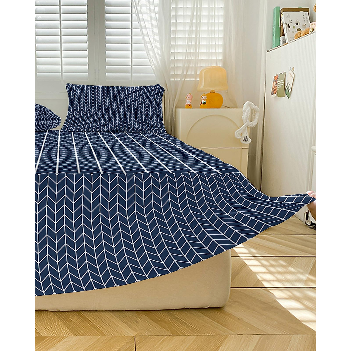 AMZRicher Navy Blue Wrap Around Pleated Bed Skirts for Queen Bed 60x80, Decorative Dust Ruffle Bed Sheet & Bedskirt 18'' Drop Bedspread with Pillow Case 20x30 Contemporary Geometric Modern Stripes