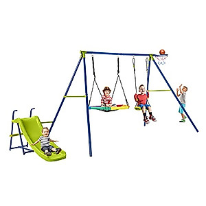 Costzon Swing Sets for Backyard, 4-in-1 Heavy Duty Large Metal Swing Frame w/2 Adjustable Swings, Slide, Basketball Hoop, Play Equipment for Indoor Outdoor Gift Kids 3-12 Years Old