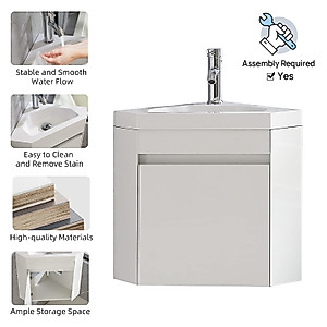 wonline 16" Corner Bathroom Vanity Sink Combo for Small Space Wall Mounted Cabinet Set Design White Resin Basin Sink Top Chrome Faucet and Drain