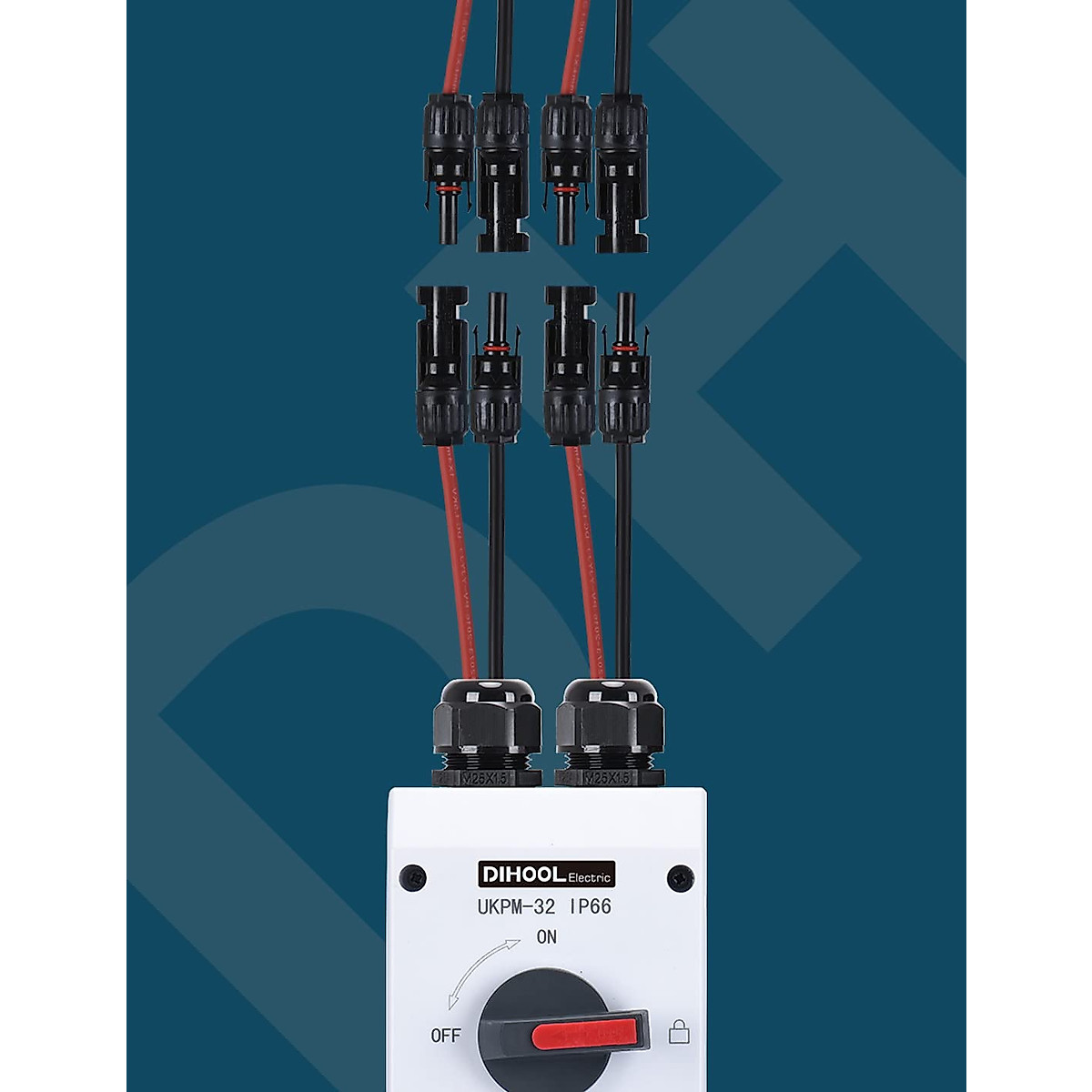 DIHOOL Solar Panel Disconnect Switch, 2x32 Amp 2 String DC 1200V 2 in 2 Out, IP66 PV Combiner Box