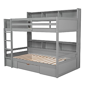 SOFTSEA Twin Over Twin Bunk Bed with Storage Shelves and Drawers, Solid Wood Bunk Bed Frame with Guardrails and Built-in Ladder for Kids, Twin Size Bunk Bed for Bedroom, Gray