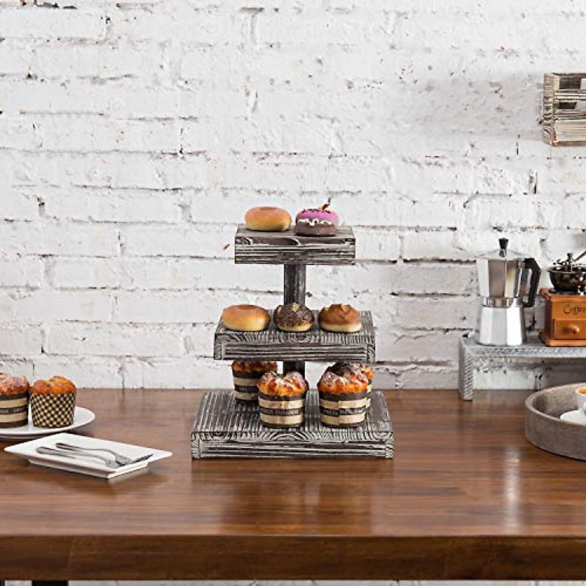 MyGift 3-Tier Torched Wood Cupcake Stand, Dessert Appetizer Serving Tray Tower