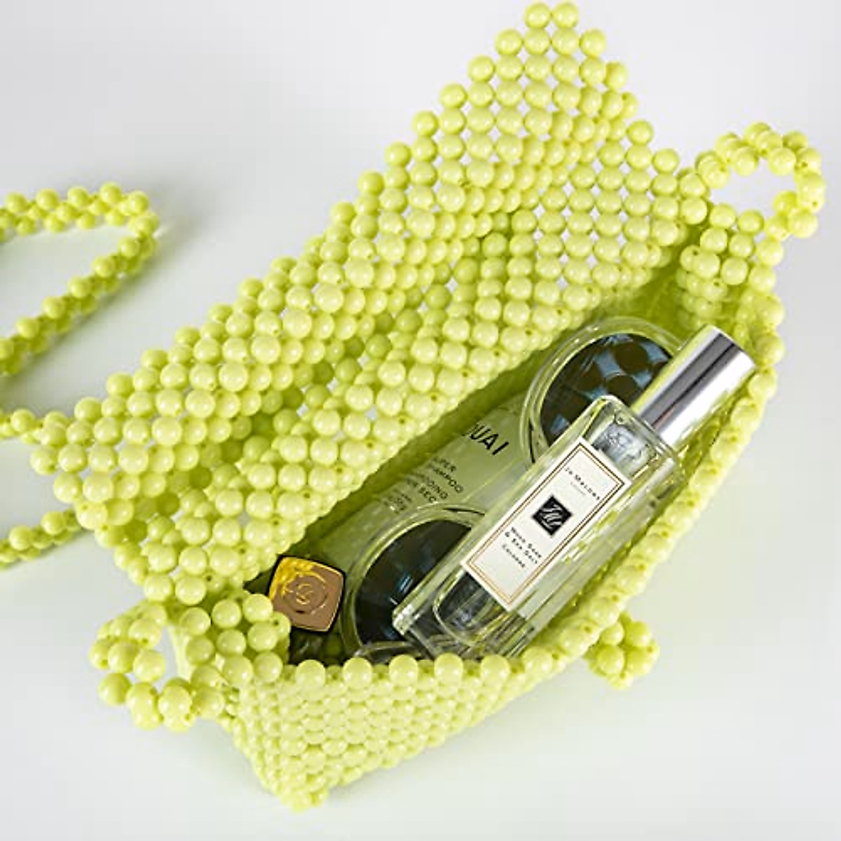 Abvokury YUSHINY Women Acrylic Beaded Clutch Macaron Color Message Bag with Strap for Wedding Evening Party (YellowGreen)