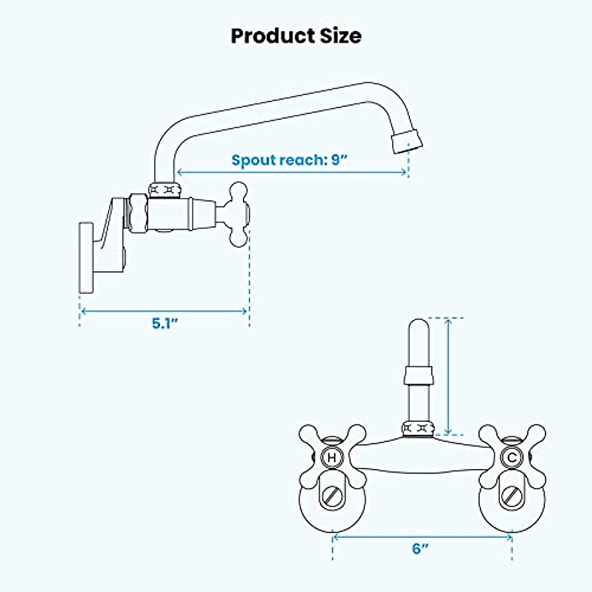 Wall Mount Kitchen Faucet Polish Chrome Double Cross Handle Commercial 3 Inch to 9 Inch Adjustable Hole Distance Spread Silver Mixer Tap 9 inch Spout Reach