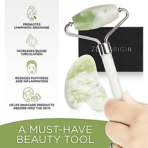 Jade Roller and Gua Sha Set - 100% Natural Jade Stone Face Roller, Dual Sided Massage Roller Stimulates Blood Flow, Relieves Stress, Reduces Signs of Aging, Travel Pouch Included, Gift Box