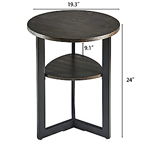 19.3” Round End Table with Storage shelf, Circular Rustic Sofa Side Table with Black Metal Leg, Solid Wood 2-tier Telephone Table, Nightstand, for Living Room Bedroom Entryway Brushed Black BZ2338BK