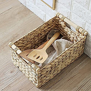 UXZDX Straw Storage Baskets with Wooden Handles, Rectangular Storage Baskets, Woven Storage Baskets for Coffee Table Cabinets