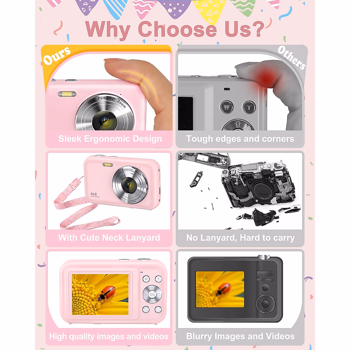 Digital Camera, FHD 1080P Kids Camera with Neck Lanyard 32GB Card Battery, Anti-Shake 16X Digital Zoom, 44MP Point Shoot Cameras, Compact Portable Small Gift Camera for Kid Teen Student Girl Boy(Pink)