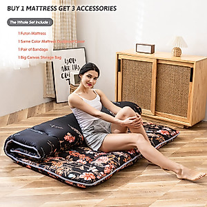 Black Floral Japanese Futon Floor Mattress, Bed Mattress Topper Portable Thick Sleeping Pad Floor Bed Roll Up Camping Mattress Folding Couch Bed Mattress Pad for Guest Room, Full Size