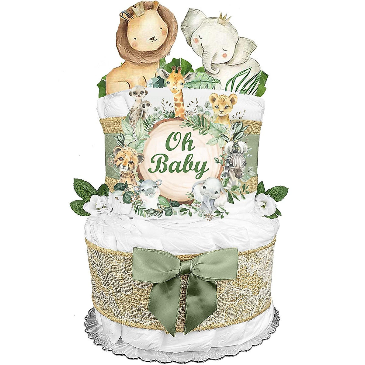 Safari Diaper Cake - Gender Neutral Baby Gift - Medium 2-Tier - Burlap and Sage Green